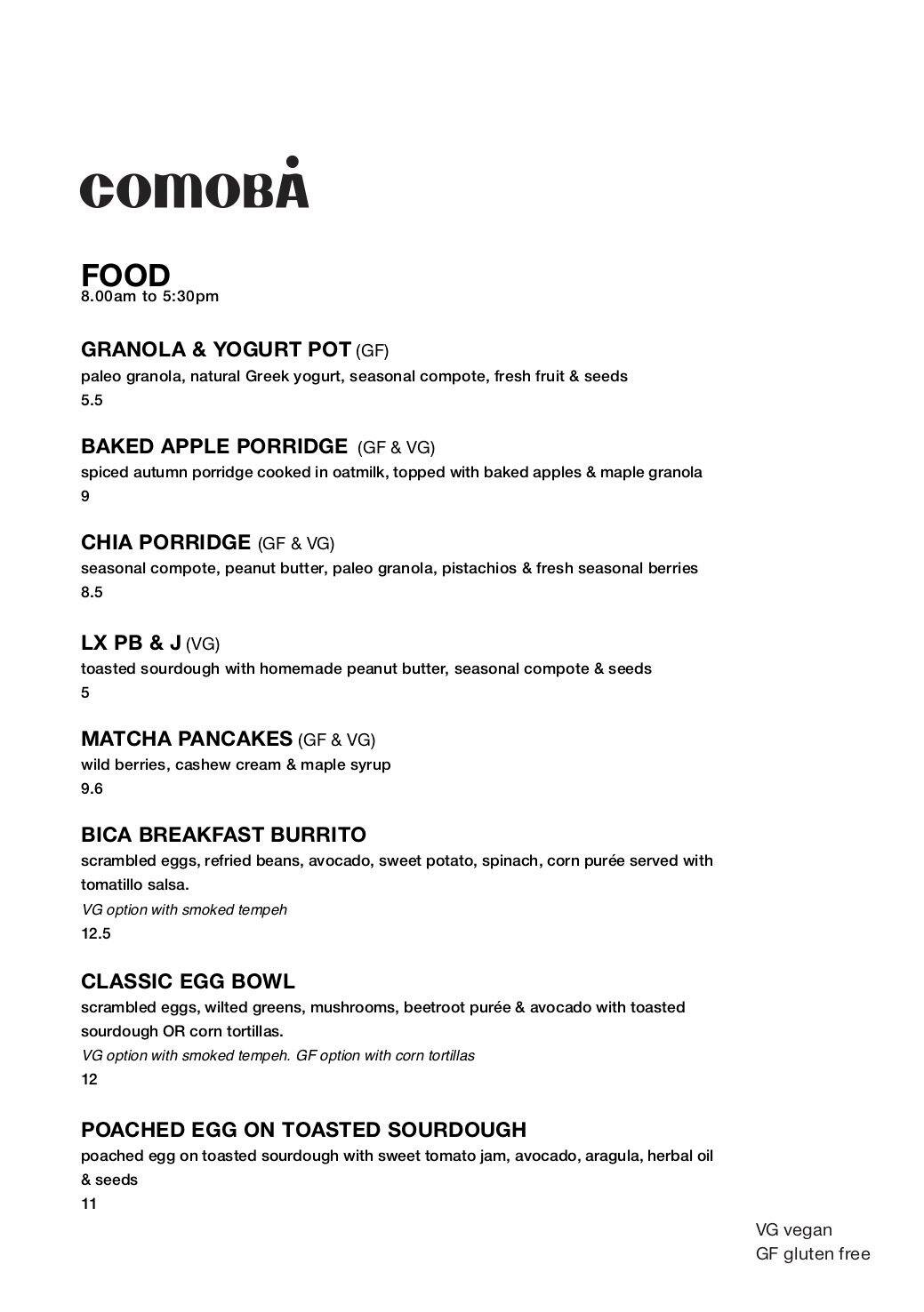 Menu at COMOBÁ cafe, Lisbon