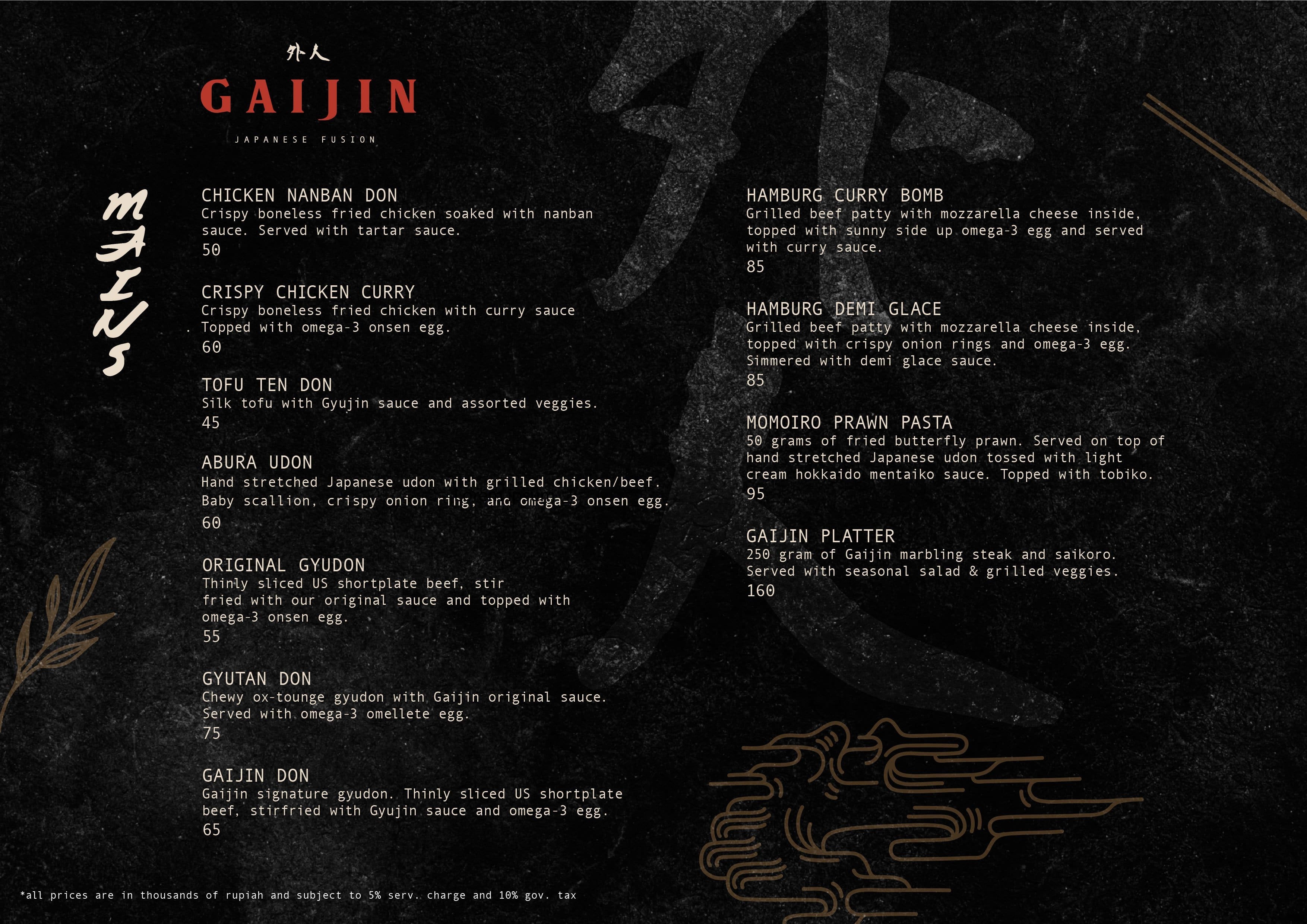 Menu at Gaijin Japanese Fusion restaurant, Jakarta