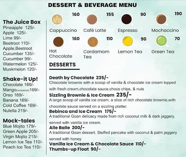 Menu at Curbside Cafe, Bengaluru