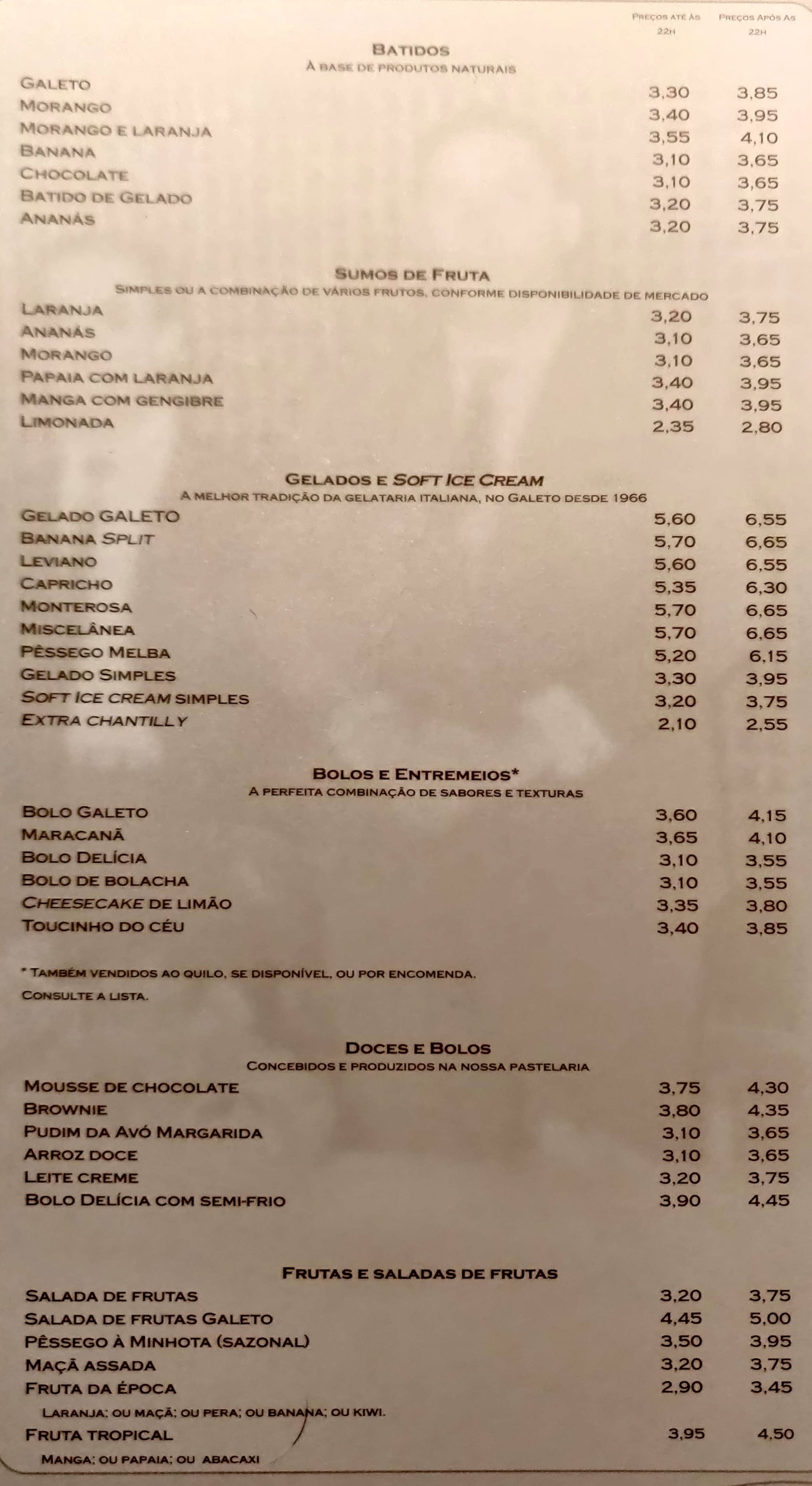 Menu em Galeto restaurante, Lisboa
