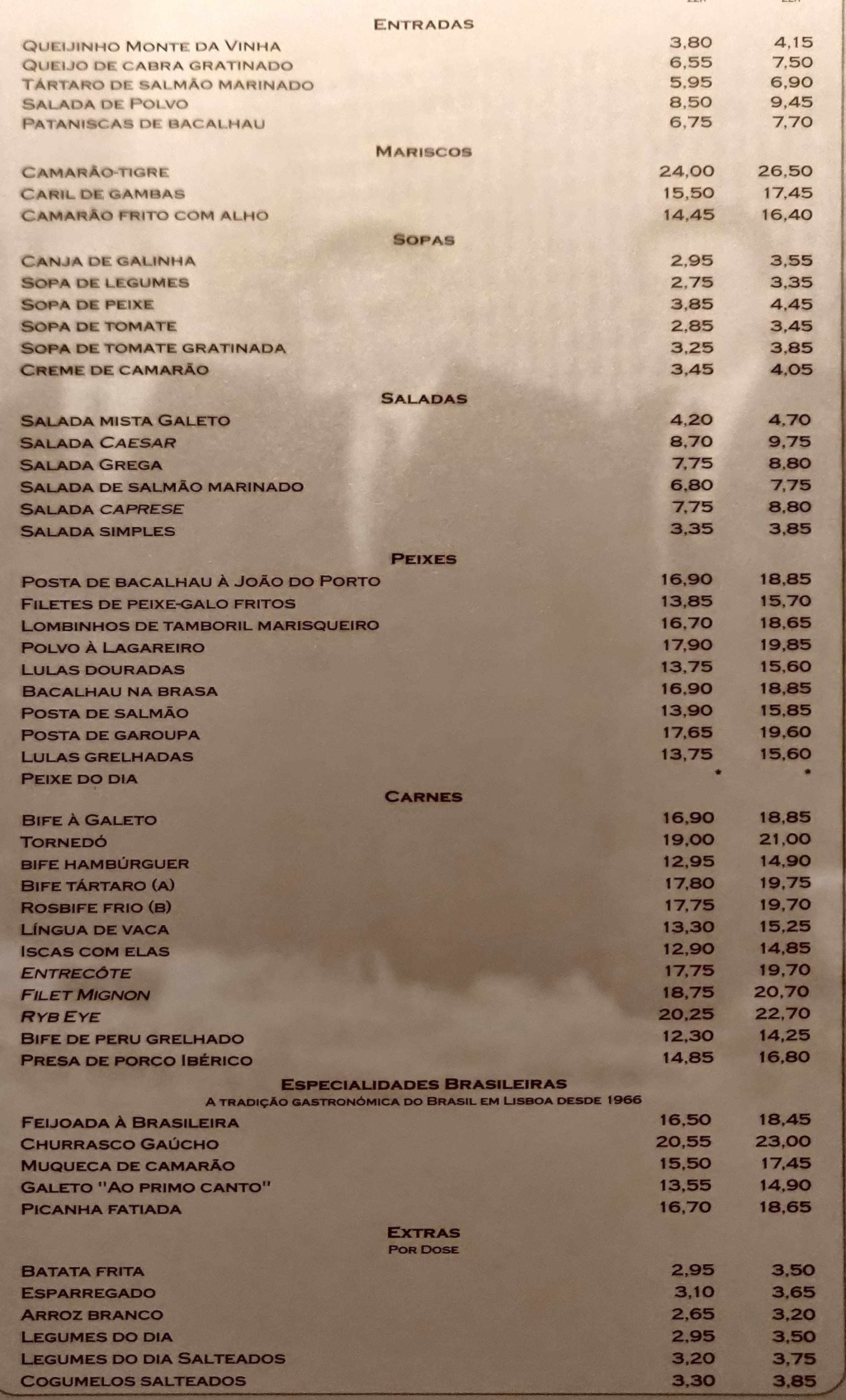 Menu em Galeto restaurante, Lisboa