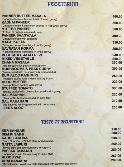 Menu at Rajasthani Zayka, Jaipur