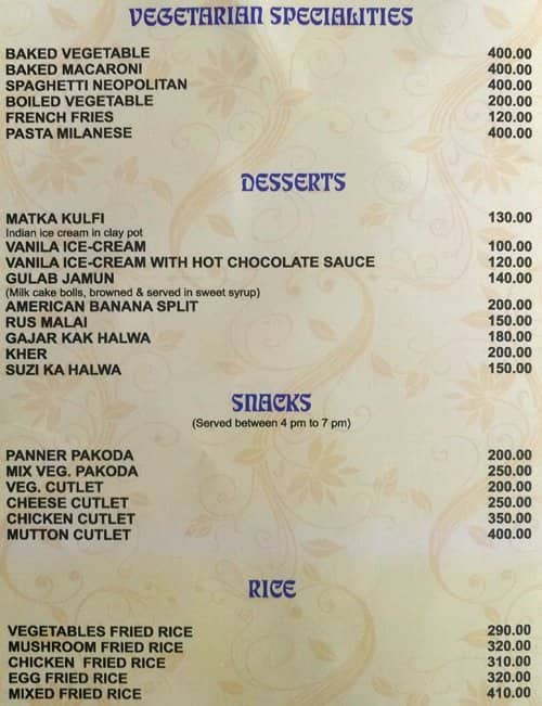 Menu at Rajasthani Zayka, Jaipur