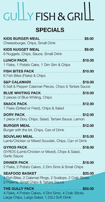Menu at Gully Fish & Grill fast food, Knoxfield