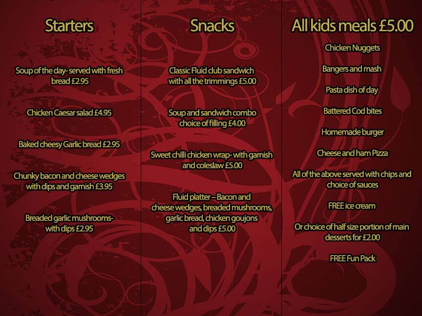 Menu at Fluid restaurant, Belfast