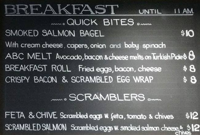 Menu at Cafe Ella, Melbourne, 553 St Kilda Rd