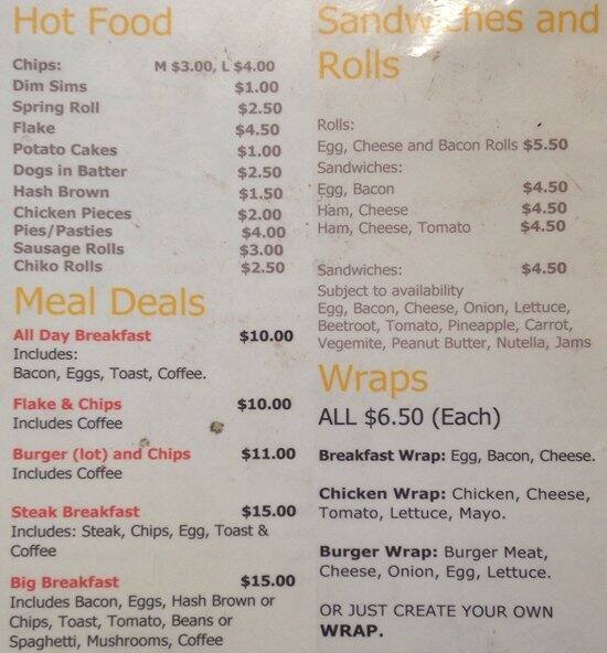 Carta de comida rápida Coldstream Roadhouse, Coldstream