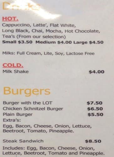 Carta de comida rápida Coldstream Roadhouse, Coldstream