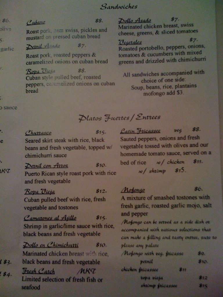 Menu at Mojito Cafe, Virginia Beach