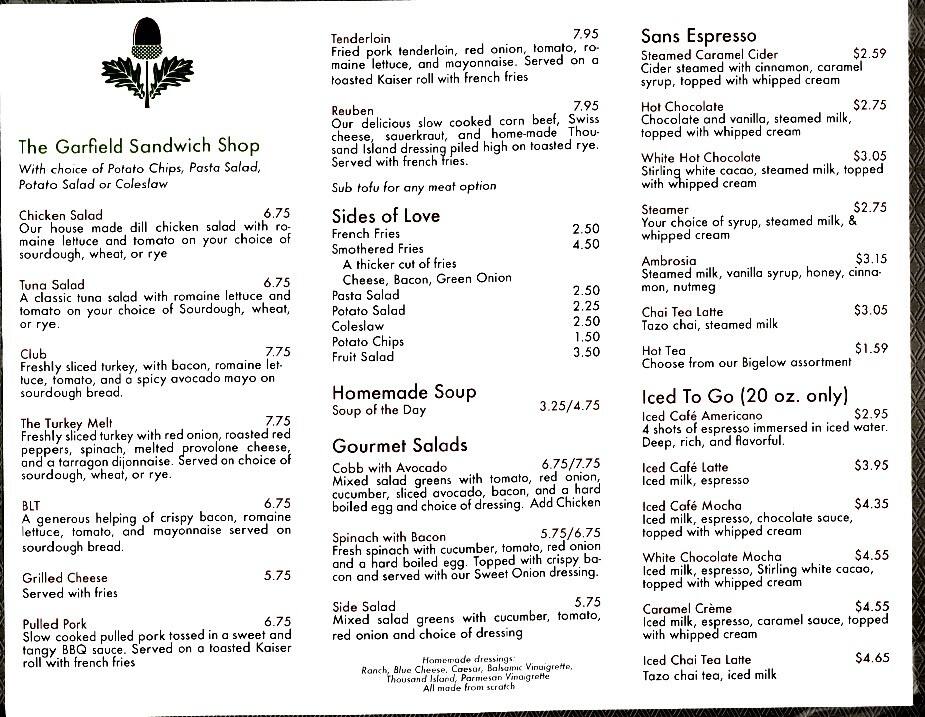 Menu at Garfield Eatery & Coffee cafe, Indianapolis