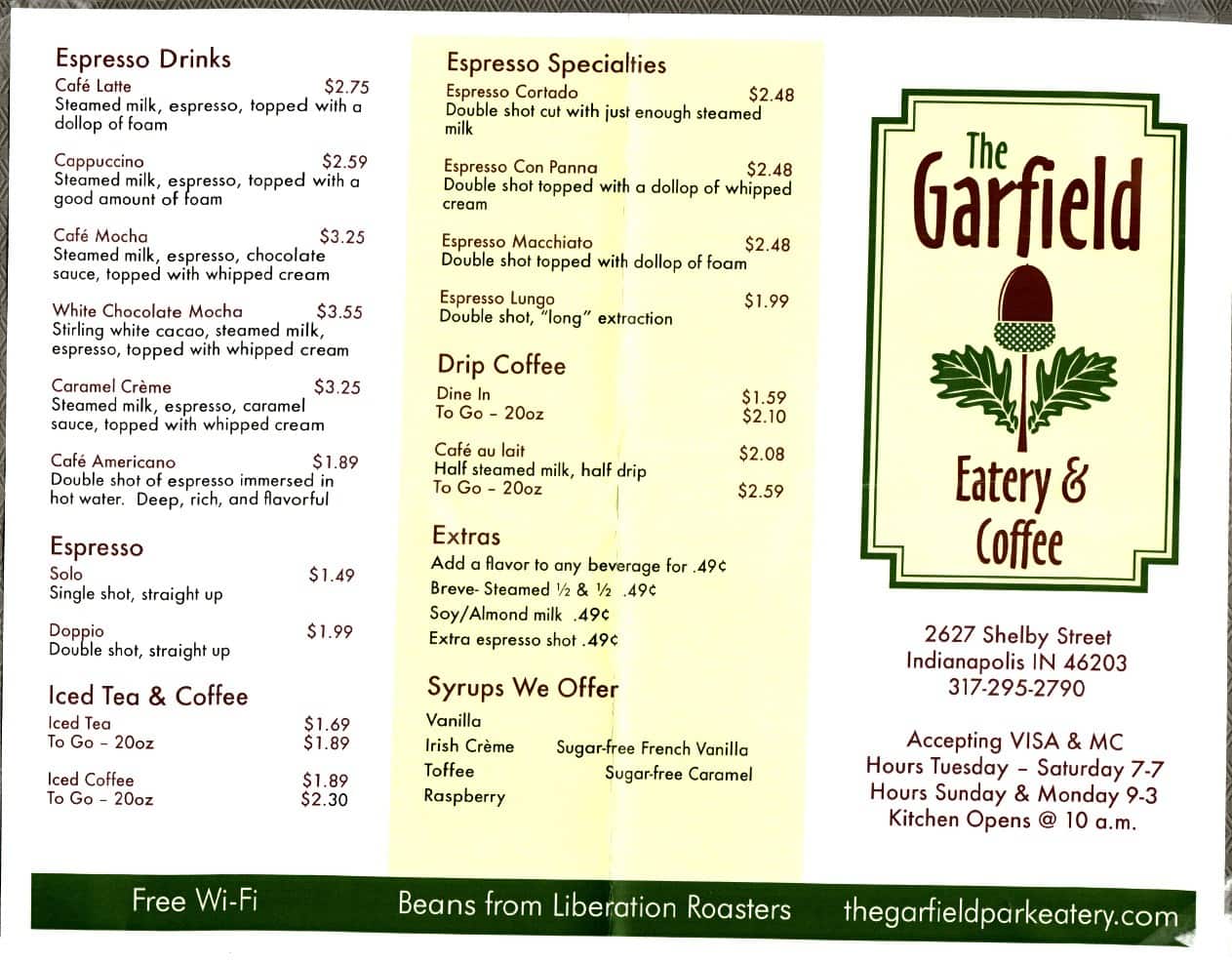 Menu at Garfield Eatery & Coffee cafe, Indianapolis