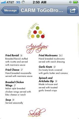 Menu at Carmella's restaurant, Grenada