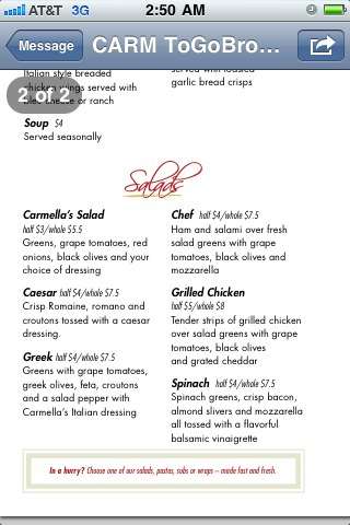 Menu at Carmella's restaurant, Grenada