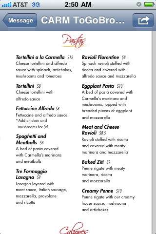 Menu at Carmella's restaurant, Grenada