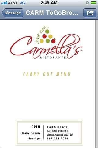 Menu at Carmella's restaurant, Grenada