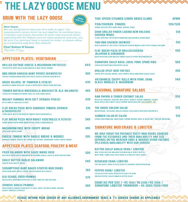 Menu of The Lazy Goose, Nerul, Goa