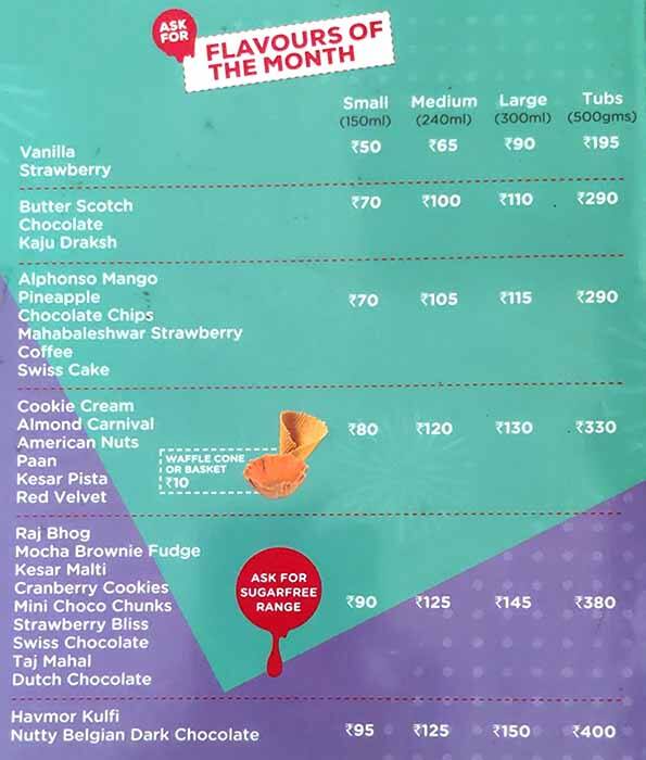 Menu at Havmor Ice Cream, Bengaluru