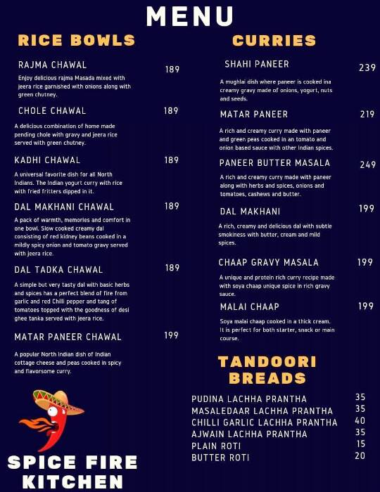 Menu of Spice Fire Kitchen, Pitampura, New Delhi