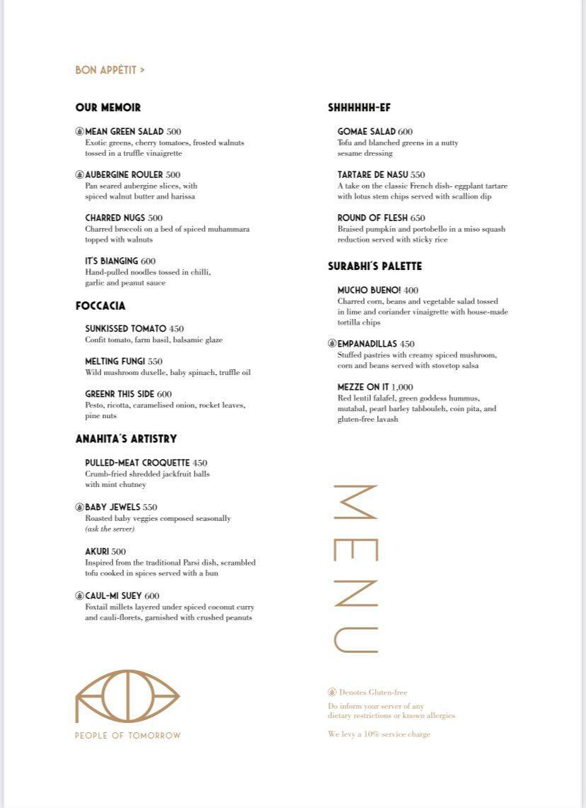 Menu of People Of Tomorrow, Vasant Vihar, New Delhi