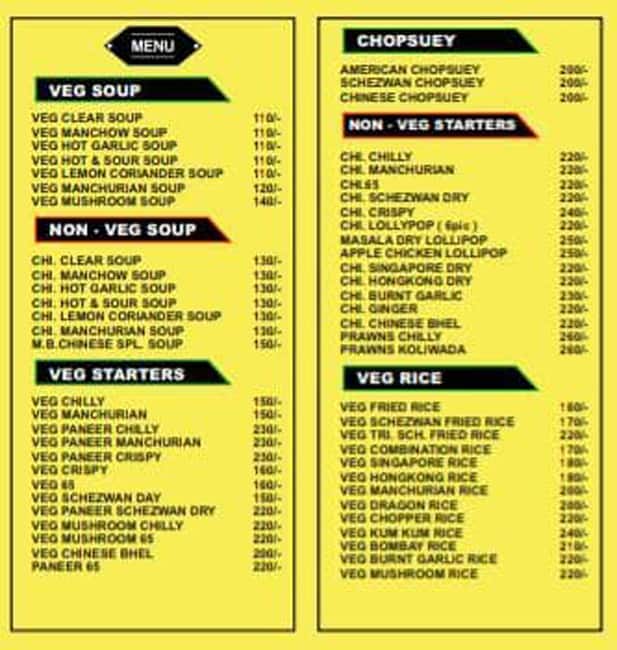 Menu of M.B.Chinese, Virar, Mumbai