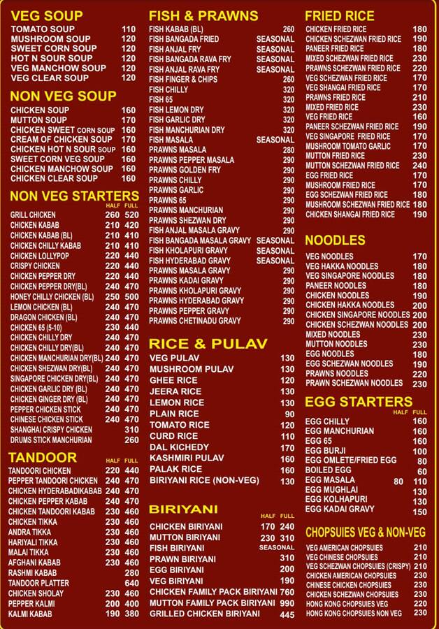 Menu of Hotel Elite, Majestic, Bangalore