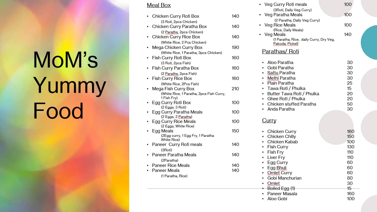 Menu of Moms Yummy Food, Yelahanka, Bangalore