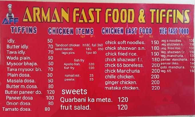 Menu of Arman Fast Food, Attapur, Hyderabad