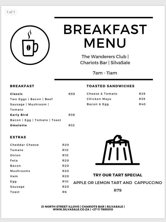 Chariots Bar Menu, Menu untuk Chariots Bar, Illovo, Sandton - Zomato SA