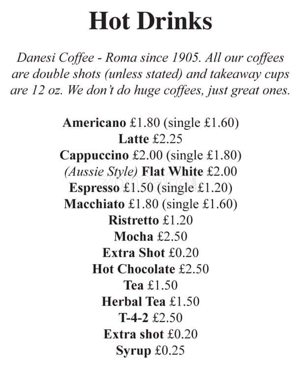 Menu at Piece cafe, Glasgow, Argyle St