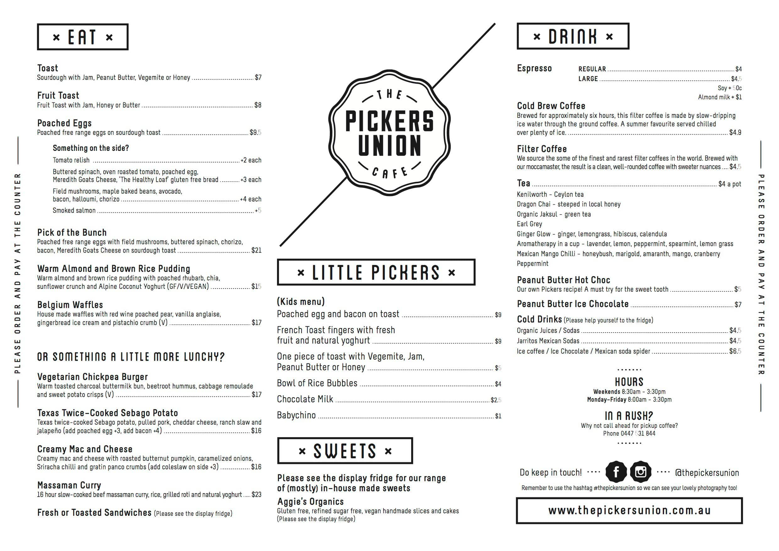 Menu at The Pickers Union cafe, Geelong