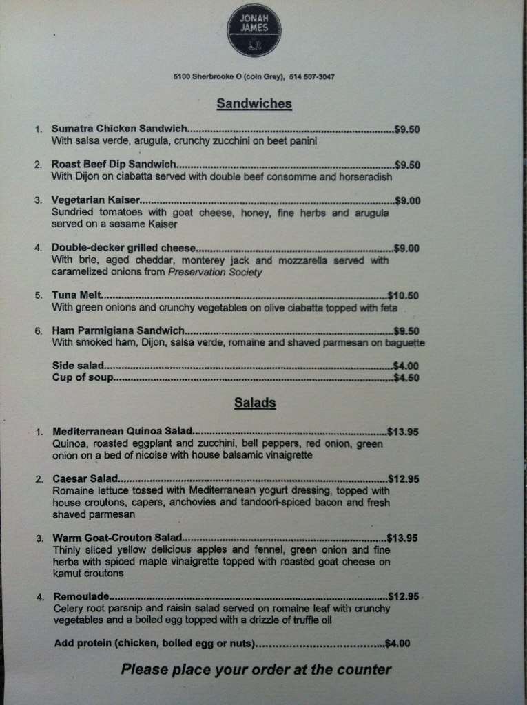 Jonah James Menu, Menu for Jonah James, Westmount, Montreal ...