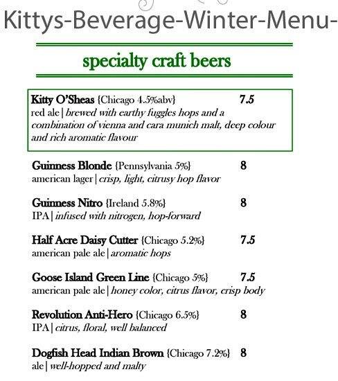 Menu at Kitty O’ Sheas restaurant, Chicago, 720 S Michigan Ave