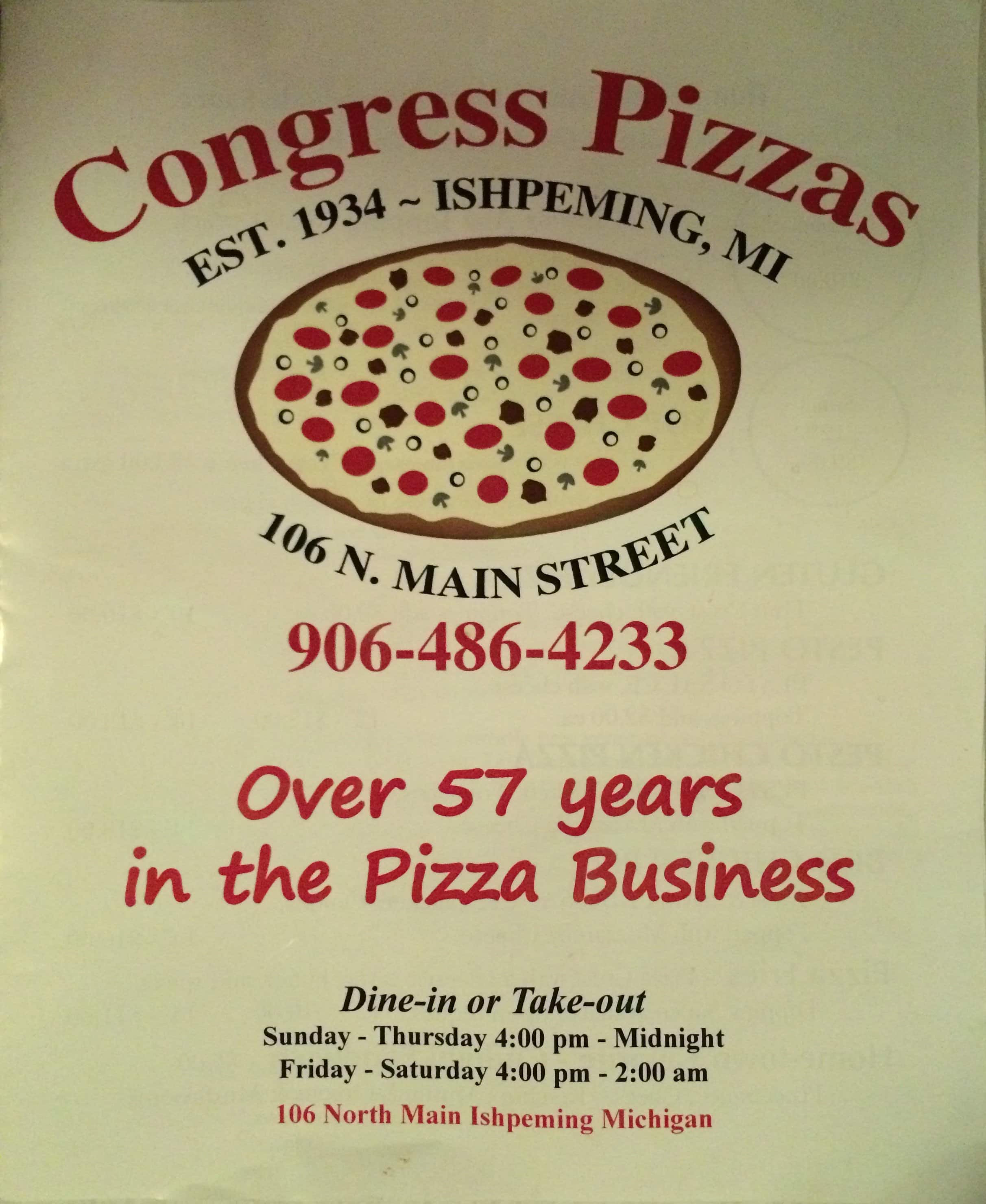 Menu at Congress Pizza pizzeria, Ishpeming