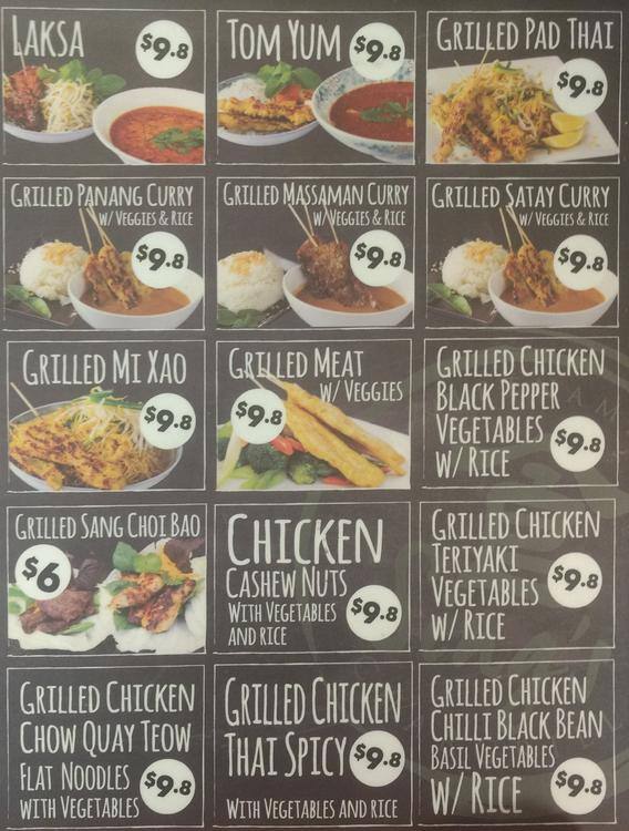 Menu at Sing's Vietnamese Chargrill restaurant, Brisbane City
