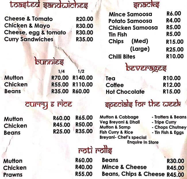 Carta de Rasam Indian Restaurant, Ciudad del Cabo, 454 Koeberg Rd