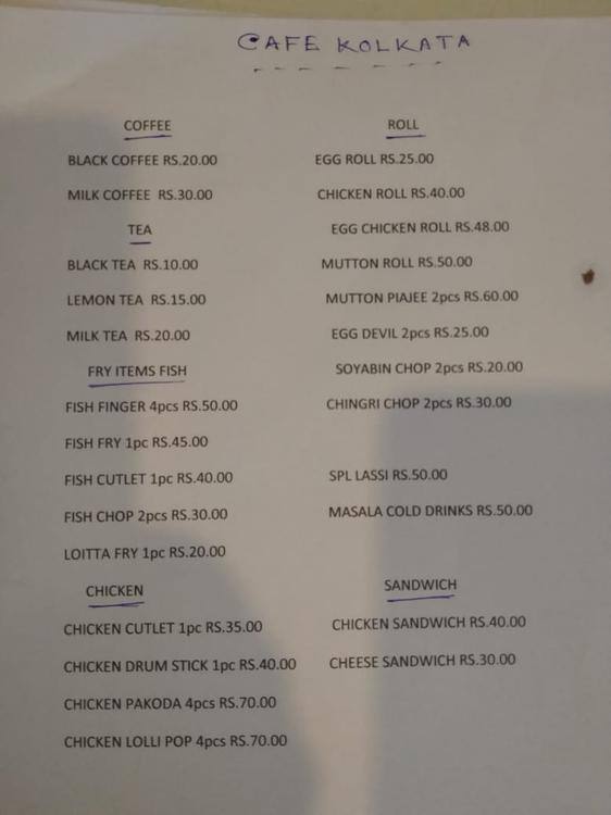 Menu of Cafe Kolkata, Kalikapur, Kolkata