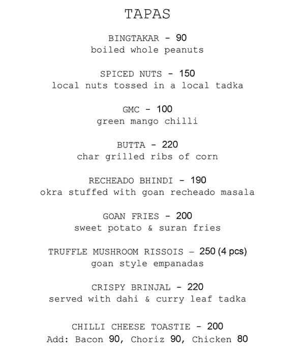 Menu of Antonio, Panaji, Goa