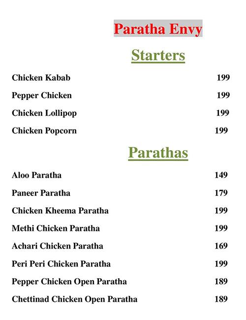 Menu of Paratha Envy, Banashankari, Bangalore