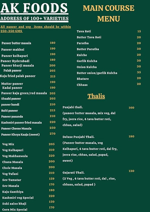 Menu of AK Foods, Ambavadi, Ahmedabad