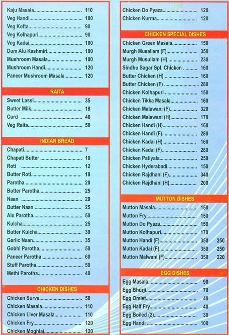 Menu at Sindhu Sagar, Navi Mumbai, sector 23
