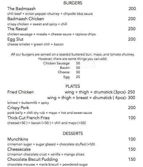 Menu at Badmaash, Bengaluru, 633