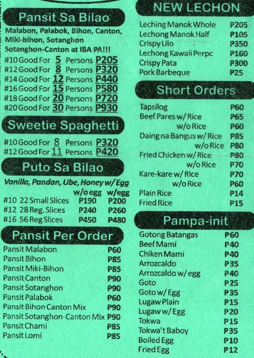 Menu at Aling Lucy's Panciteria restaurant, Las Pinas, Alabang Zapote Road