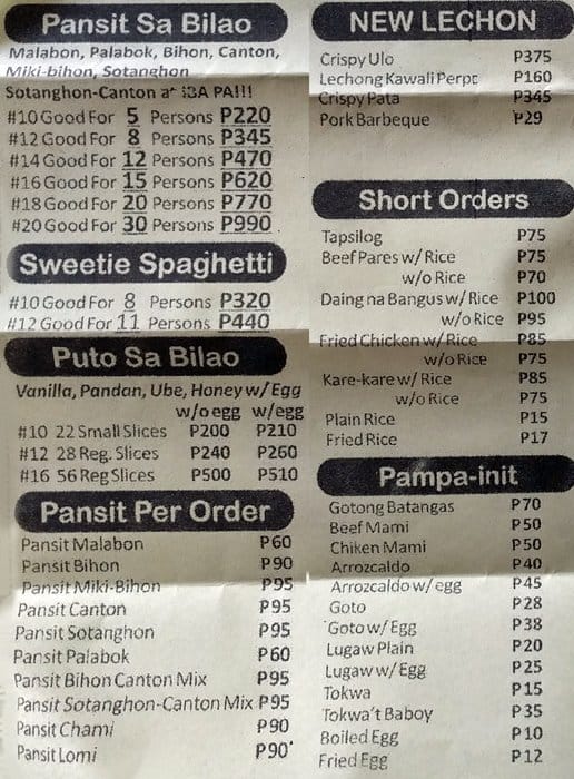 Aling Lucy's Menu, Menu v reštaurácii Aling Lucy's, Talon, Las Piñas ...