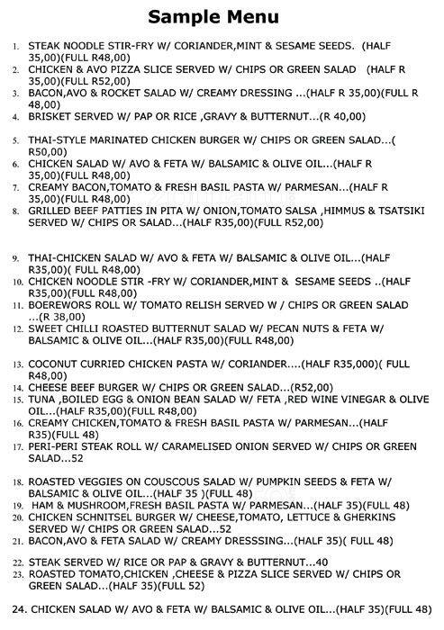 Menu at Two Tarts Cafe, Johannesburg