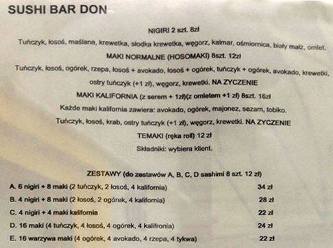 Menu at Sushi Bar Don, Warsaw