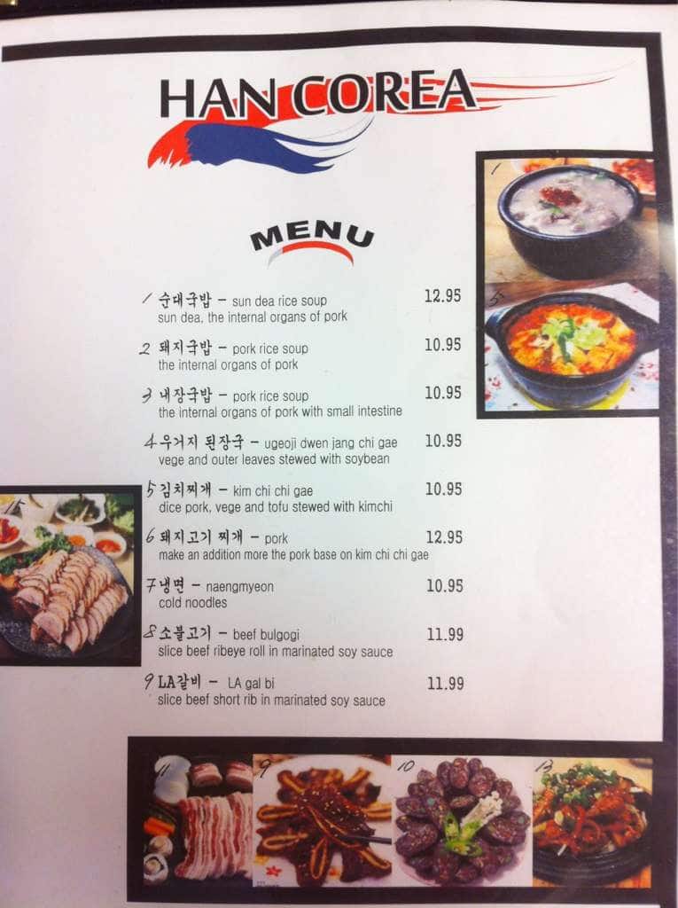 Menu at Han Corea restaurant, Calgary, Farrell Rd SE