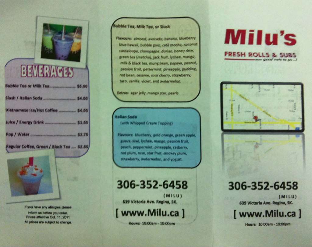 Menu at Milu's Fresh Rolls & Subs restaurant, Regina