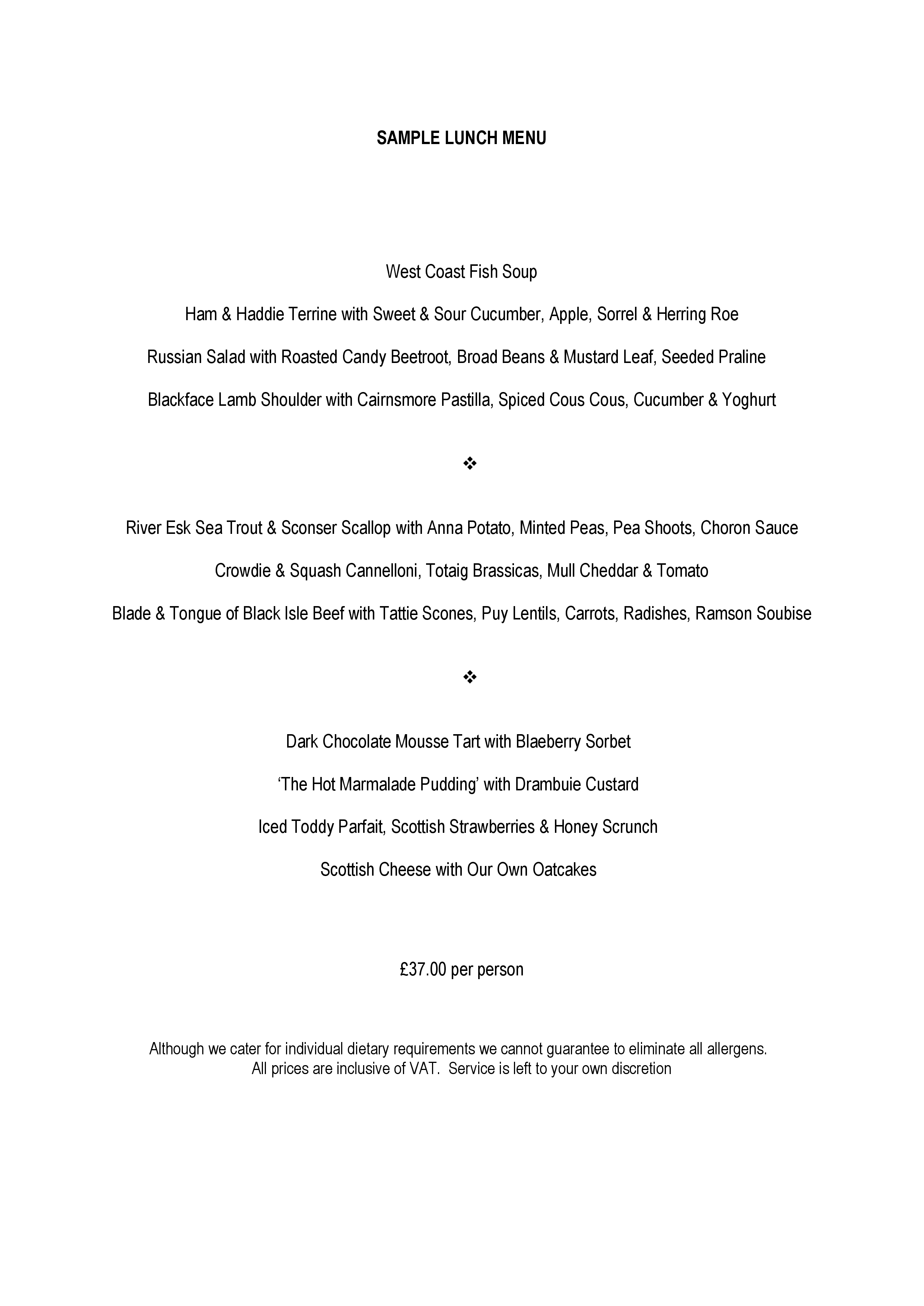 Menu at The Three Chimneys and The House Over-by restaurant, Colbost