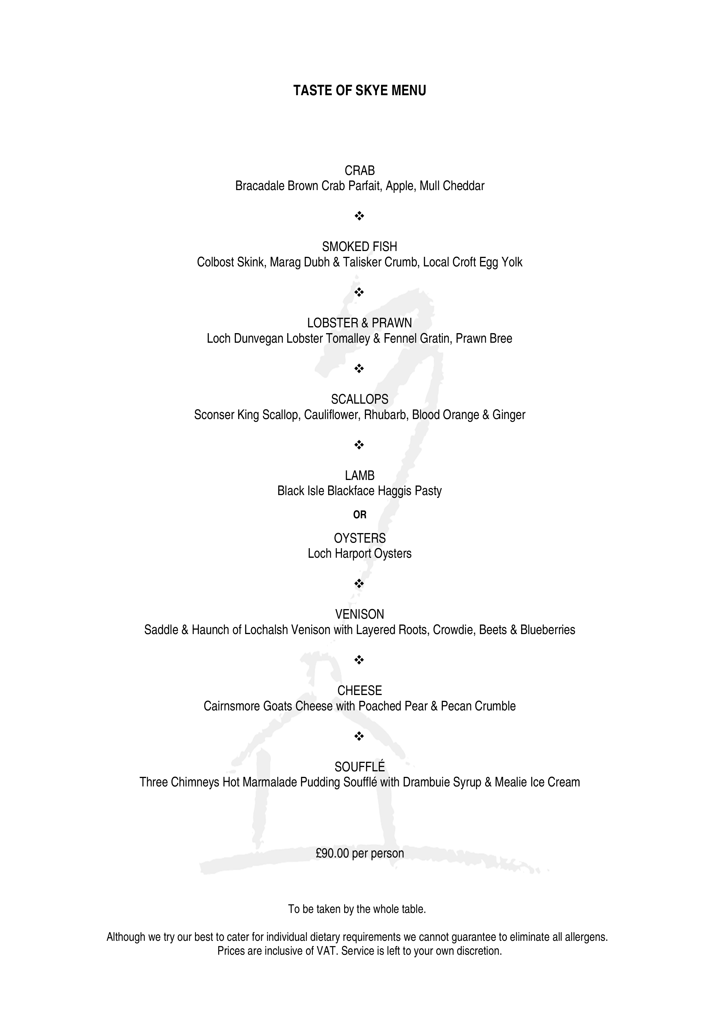 Menu at The Three Chimneys and The House Over-by restaurant, Colbost