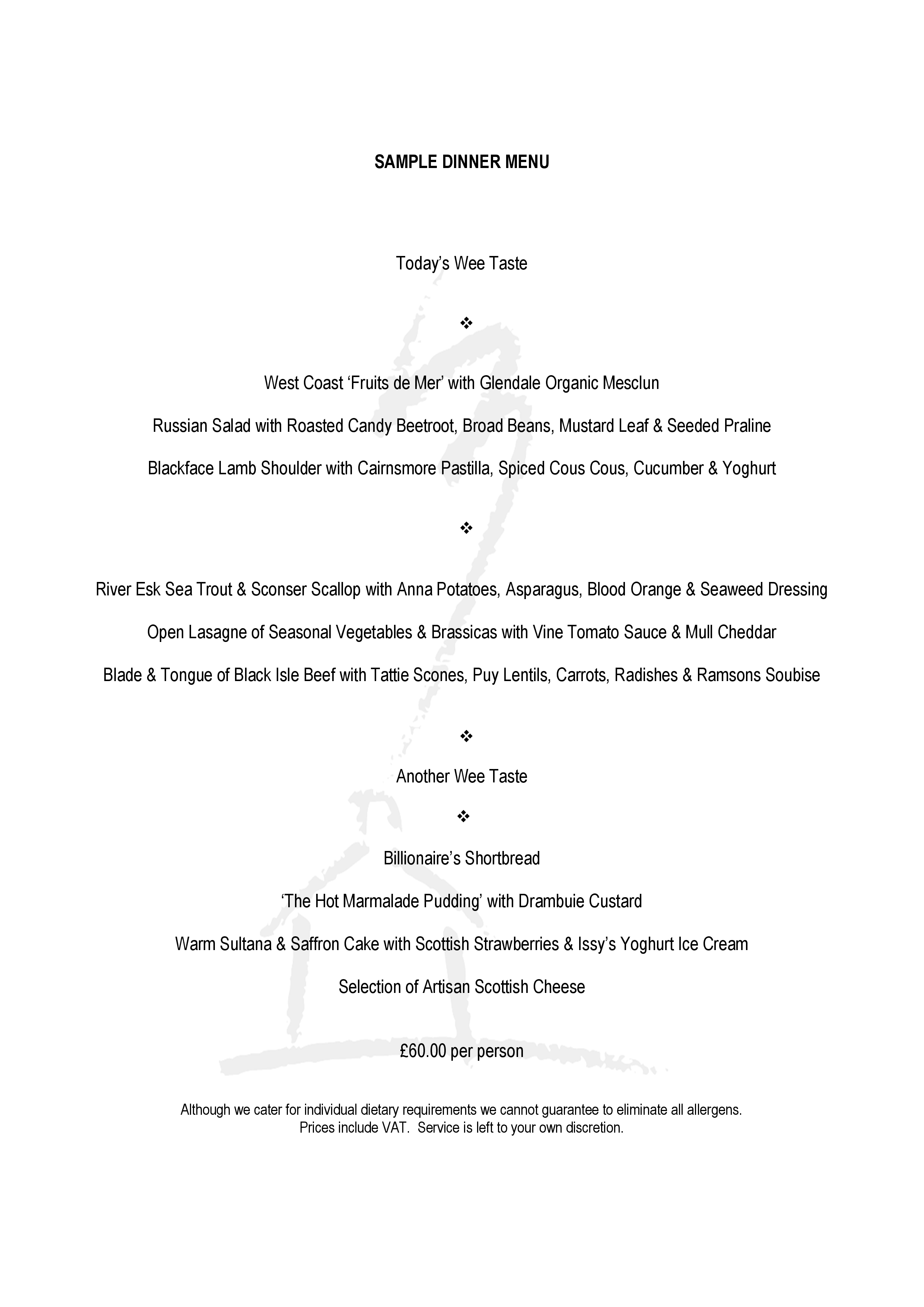 Menu at The Three Chimneys and The House Over-by restaurant, Colbost